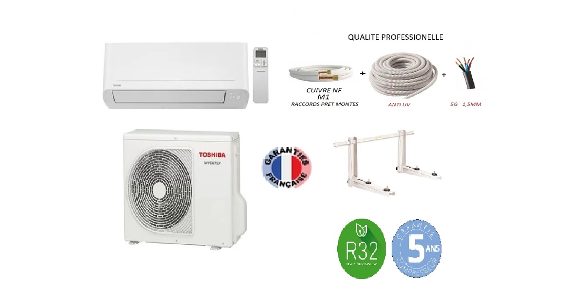 Pack Climatiseur réversible Mono-split TOSHIBA NAKA 1,5 KW 15m2 + kit 15 mètres de pose complet ...
